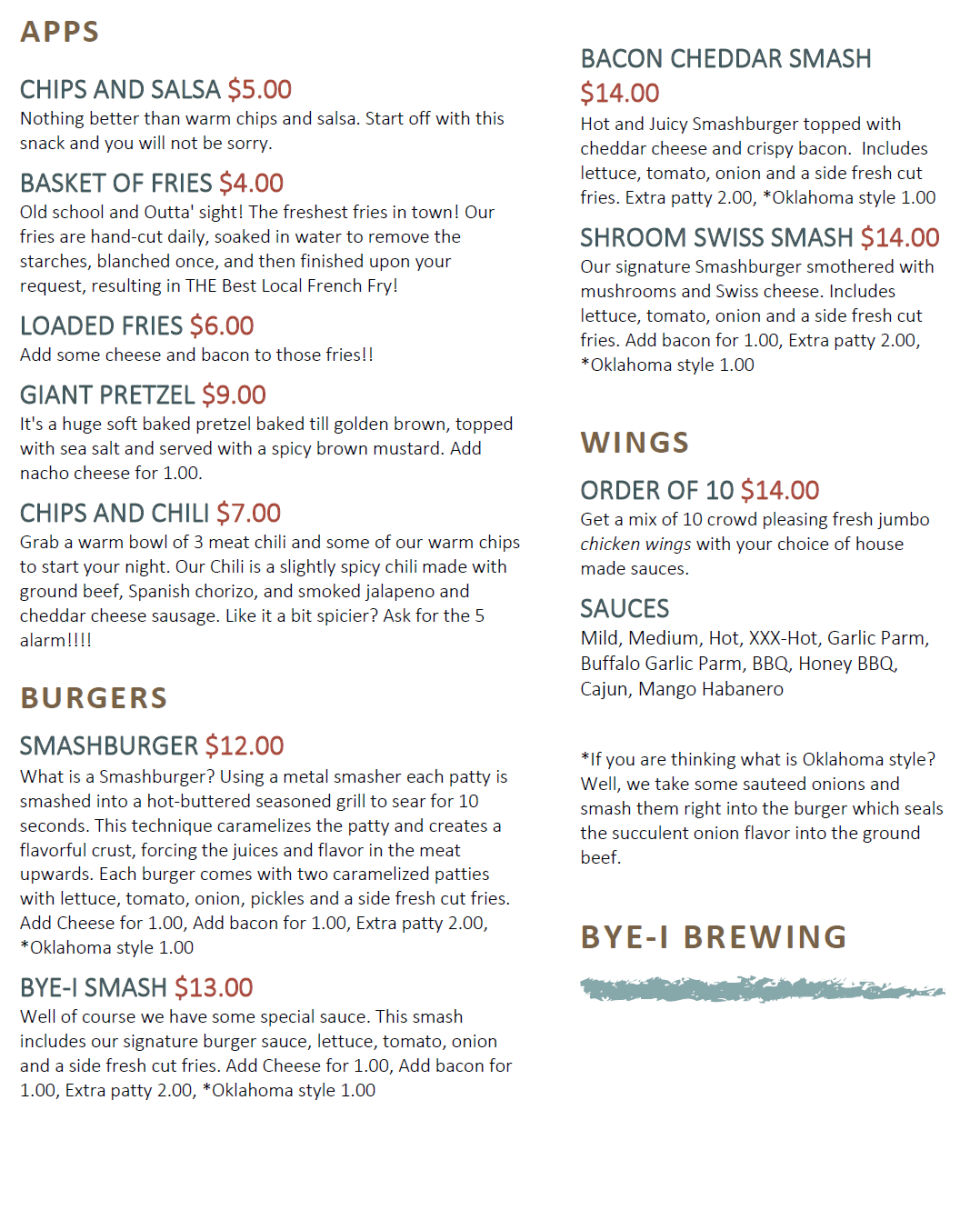 Food Menu - Bye-i Brewing